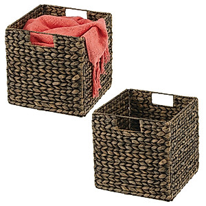 mDesign Natural Woven Hyacinth Cube Organizer Basket with Handles, Storage for Bathroom, Laundry Room Shelf or Nursery - Perfect for Cubby Storage Units - Hold Blankets and Books - 2 Pack, Black Wash