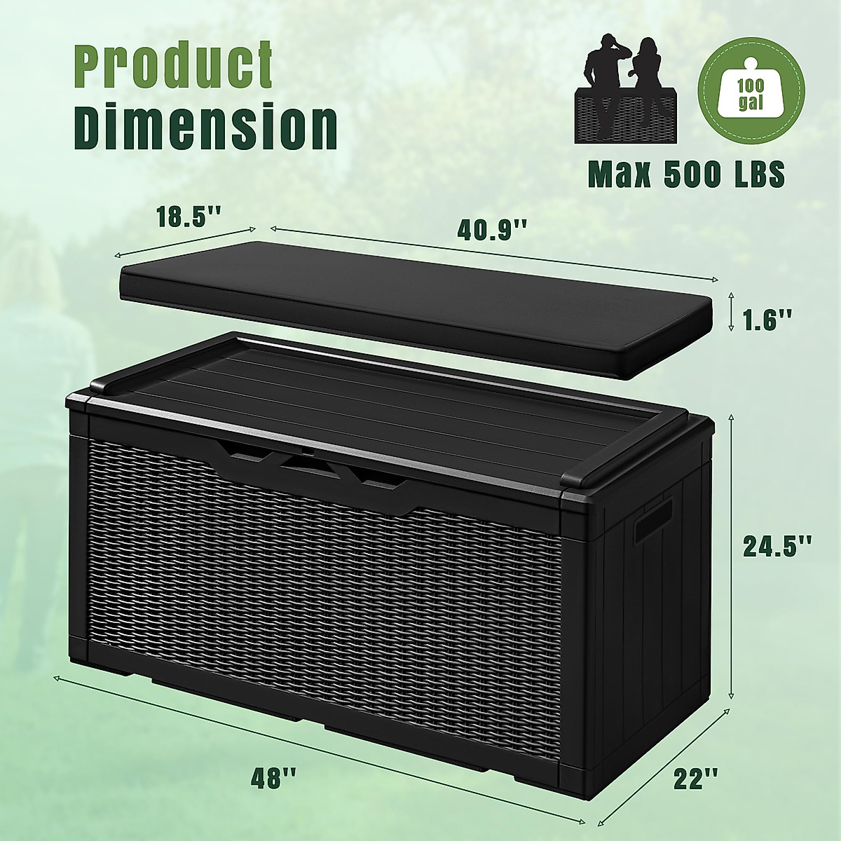 Greesum 100 Gallon Resin Deck Box Large Outdoor Storage with Cushions for Patio Furniture, Garden Tools, Pool Supplies, Weatherproof and UV Resistant, Lockable, Dark Black