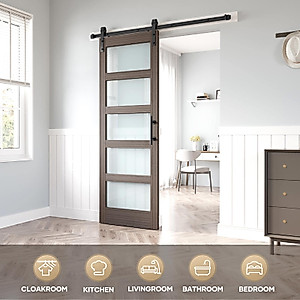 ROYMELO 30x84 Inch Glass Sliding Barn Door Slab and 5.5ft Hardware Kit Included, 5 Frosted Glass, LVL Wood Panel Covered with Elephant Gray Water-Proof Scratch-Proof PVC Surface, Simple DIY Assembly