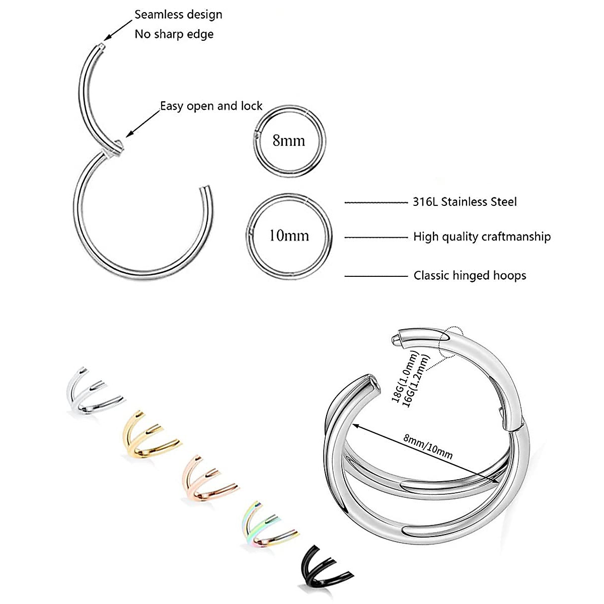 Carper Nose Ring Hoop Nose Ring Double Nose Ring for Single Piercing Clicker Double Septum Ring Jewelry(18g Black 8mm)