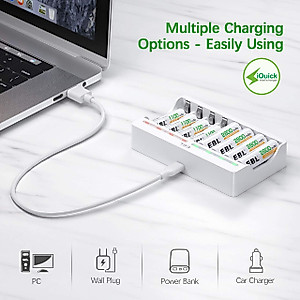 EBL Rechargeable AA Batteries 2800mAh 8 Pack and 8-Bay AA AAA Individual Rechargeable Battery Charger with 5V 2A USB Fast Charging Function