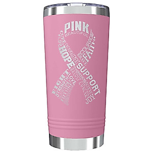 shop4ever Breast Cancer Awareness Ribbon Word Montage Insulated Tumblers 20 oz. with Lid, Stainless Steel Cups Travel Coffee Mug (Light Pink)