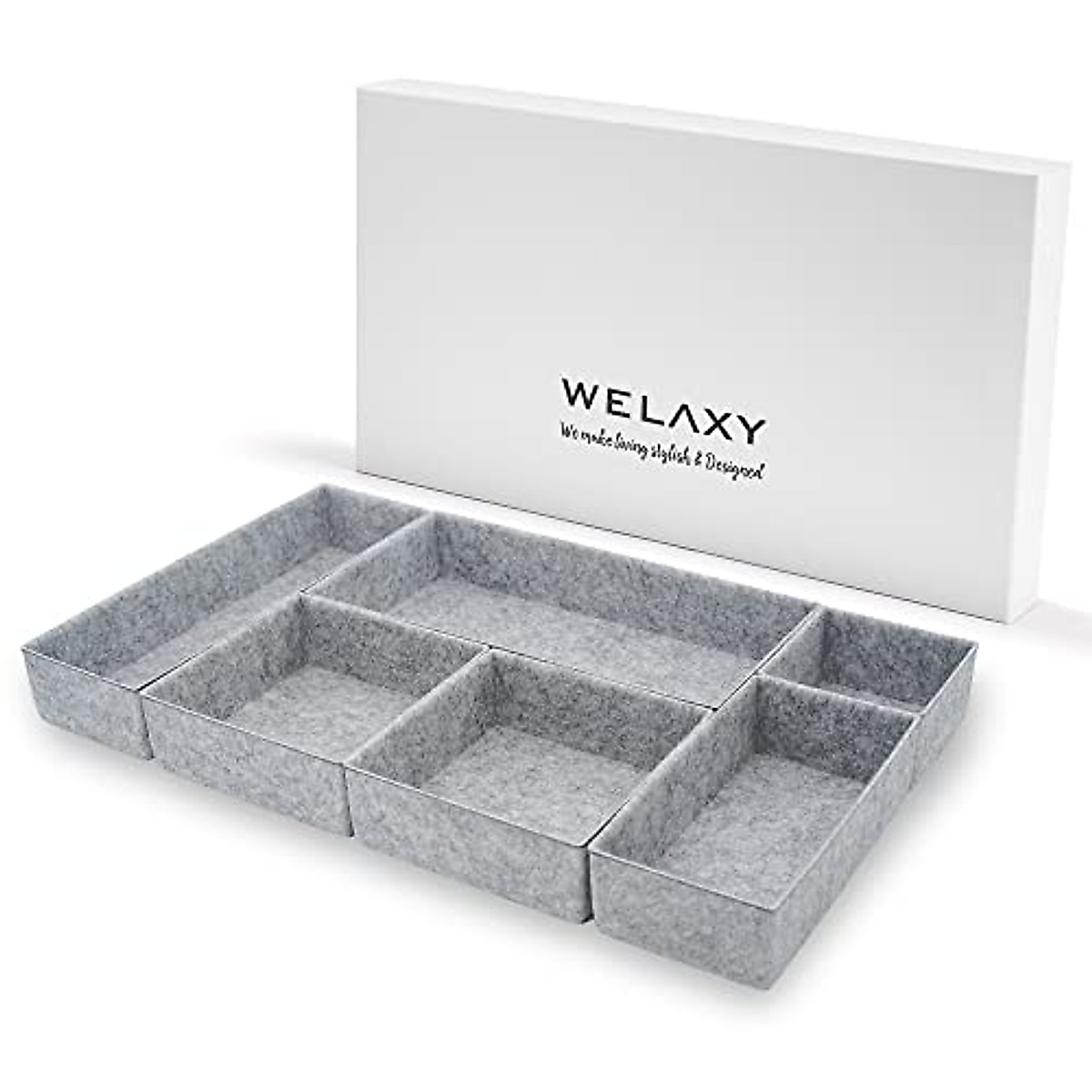 Welaxy Deluxe drawer organizers multi-purpose storage box junk bins for office home bathroom nightstand holder luxury 6-piece Style A (Gray)
