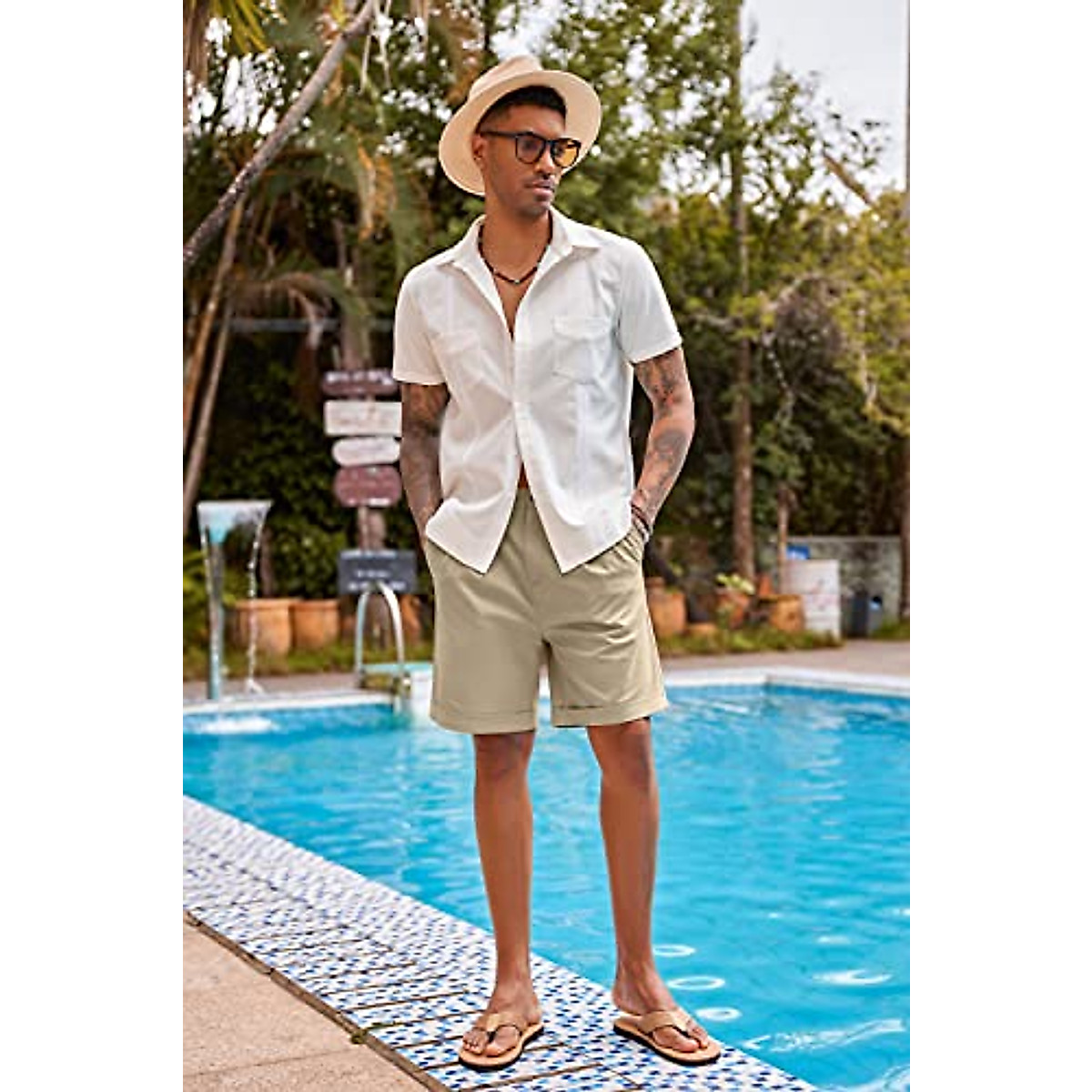 COOFANDY Men’s Linen Casual Shorts Classic Fit 7" Summer Beach Shorts Elastic Waistband with Pockets, Khaki, Medium