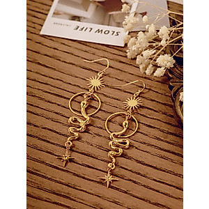 Sacina Gothic Sun Star Snake Earrings, Gold-Plated- Brass Snake Sun Star Pendant, Celestial Earrings, Goth Halloween Christmas New Year Jewelry Gift for Women