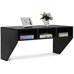 WATERJOY Wall Mounted Desk Computer Desk Floating Table, Home Office Working Desk, Wall Mounted Console Workstation Laptop PC Table with Storage Shelves Black