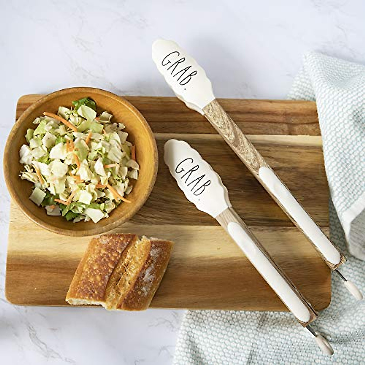 Rae Dunn Everyday Collection Stainless Steel, Beechwood - Silicone Tipped Kitchen Food BBQ and Cooking Tongs Set of Two, Non Stick Cookware, BPA Fee, Grill Tongs (White)