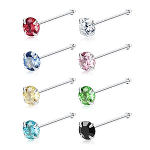 Sllaiss 8Pcs 22G Sterling Silver Nose Rings Studs Pin for Women Men 3MM Mix Color Round Czech Crystal Nose Body Piercing Jewelry