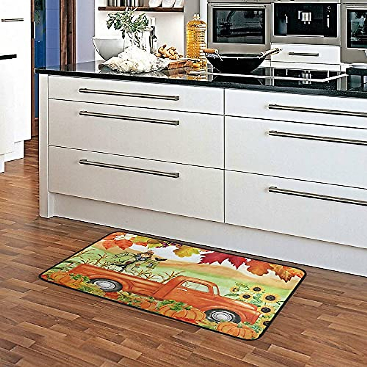 Autumn Truck Pumpkin Kitchen Rugs Thanksgiving Sunflower Maples Floor Comfort Mats Bath Rugs Entryway Welcome Non Slip Area Rug for Bedroom Living Room Doormats Home Decor 39" X 20"