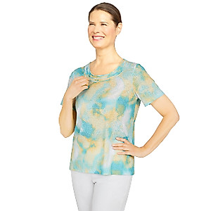 Alfred Dunner Womens Animal Tie Dye Burnout Top, Aqua/Lemon, S