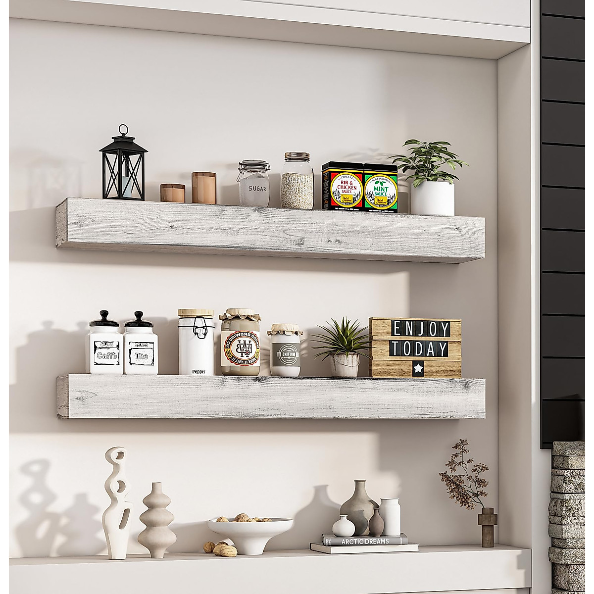 ROOREVO Wall Floating Shelves, Rustic Wood Shelf for Wall Mounted - Wooden Handmade Shelves for Bathroom Kitchen Livingroom(Distressed White, 36 Inch - 2 Pack