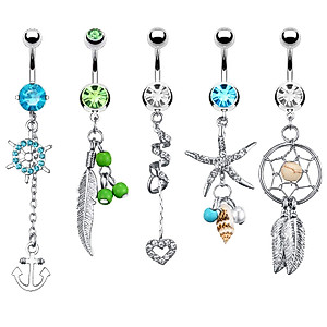 BodyJ4You 5PC Belly Button Rings Anchor Seashell Nautical Value Pack 14G Dangle Stainless Surgical Steel Barbell CZ Multicolor Crystal Girl Women Teen Gift Jewelry