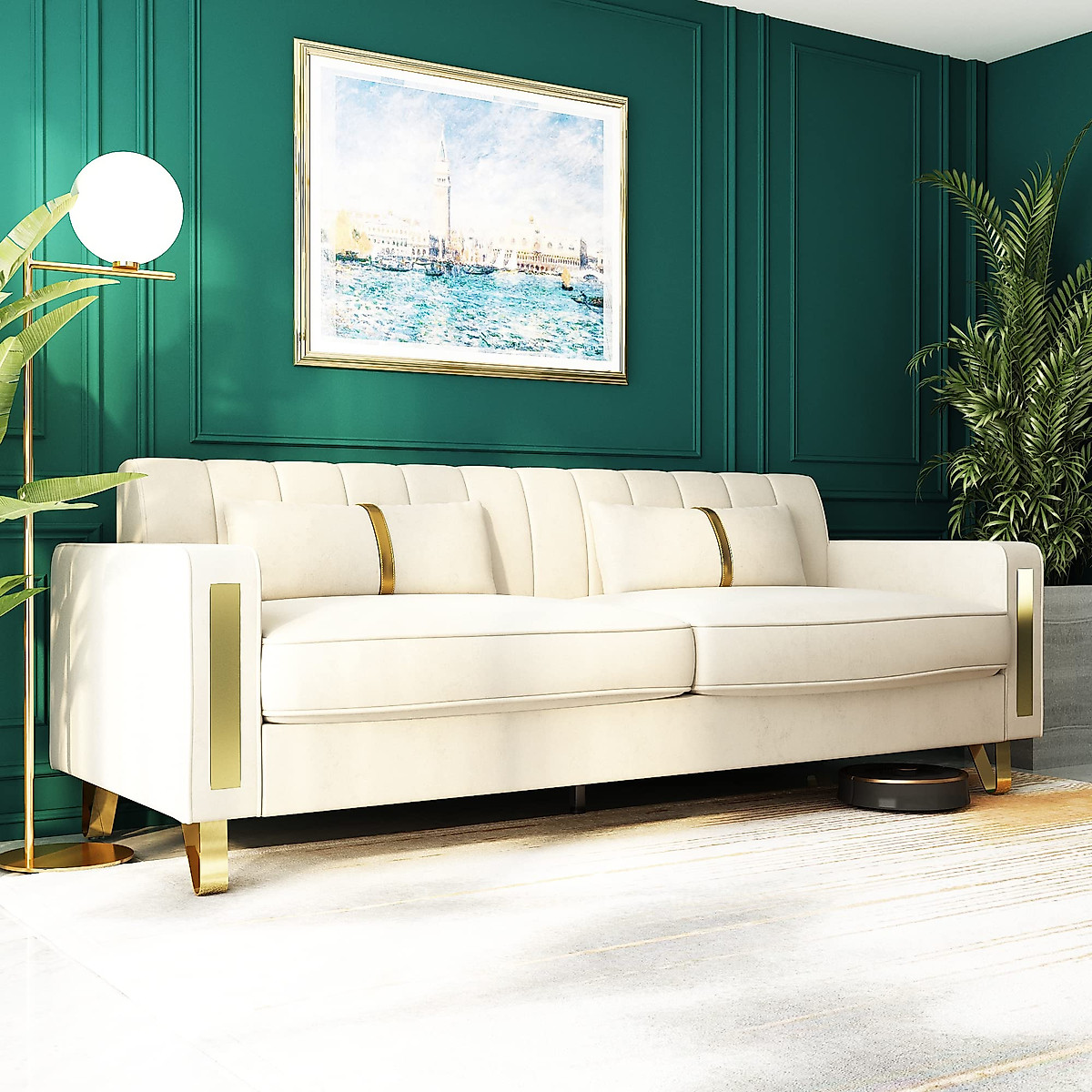 Couch 85.62" 3 Seats Sectional Velvet Fabric Sofa Easy Assemble Sofa Bed with 2 Couch Pillows,Gold Metal Legs for Living Room (P17, 2 PCS Beige)