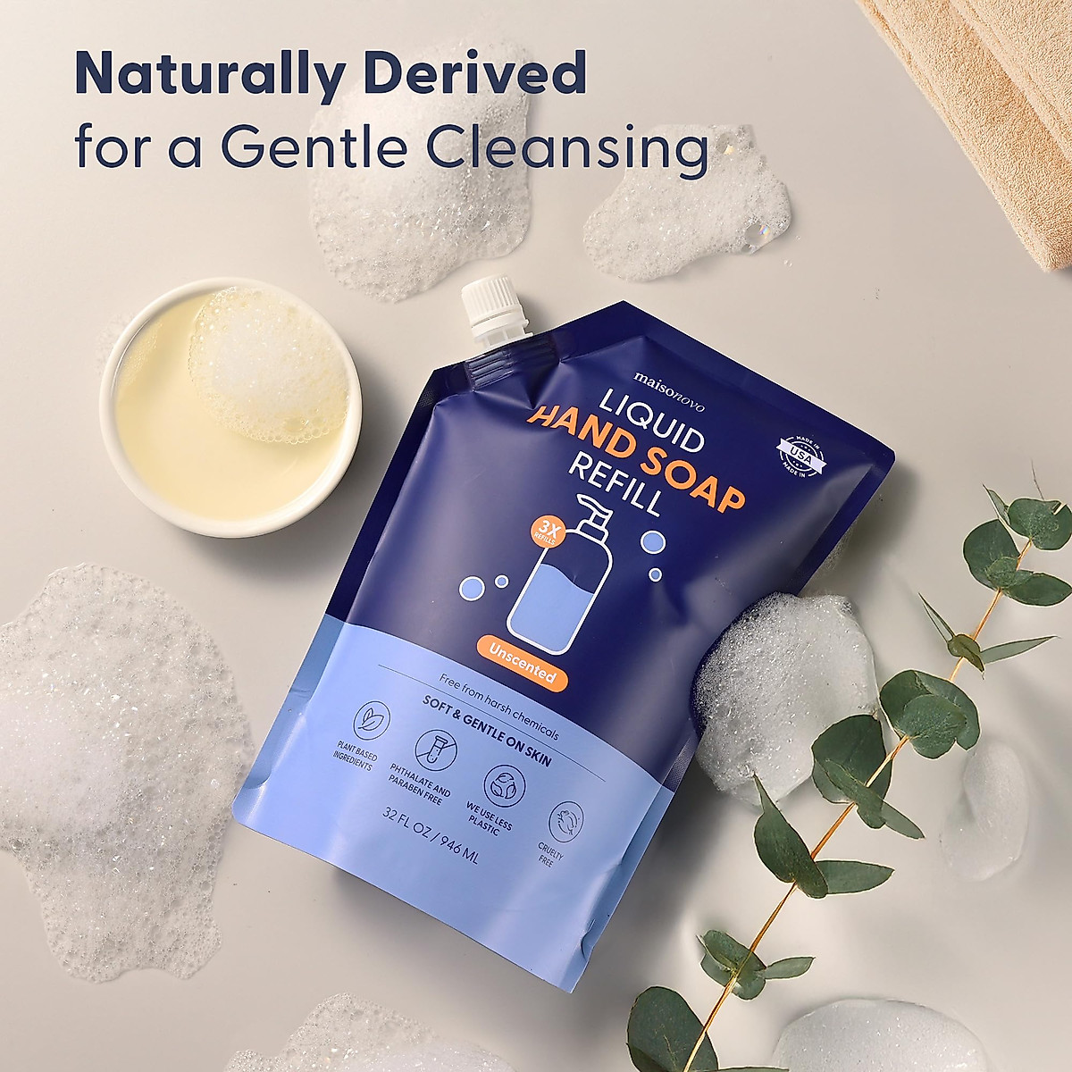 MaisoNovo - Liquid Hand Soap - Liquid Hand Soap Refill - Made in USA - Gentle & Natural - Non Toxic - Good for All Skin Types - Unscented Handsoap Refill - Pouch 32 oz