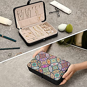Oyihfvs Seamless Mandala Vintage Islamic, Arabic, Indian, Ottoman Floral Leather Jewelry Bag, Jewelry Storage, Portable Jewelry Organizer Boxes for Women Lady Necklace, Earrings, Rings, Bracelet