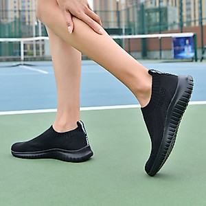 LANCROP Women's Casual Tennis Shoes - Comfortable Knit Gym Walking Slip On Sneakers Wide 7.5 M US, Label 38 All Black