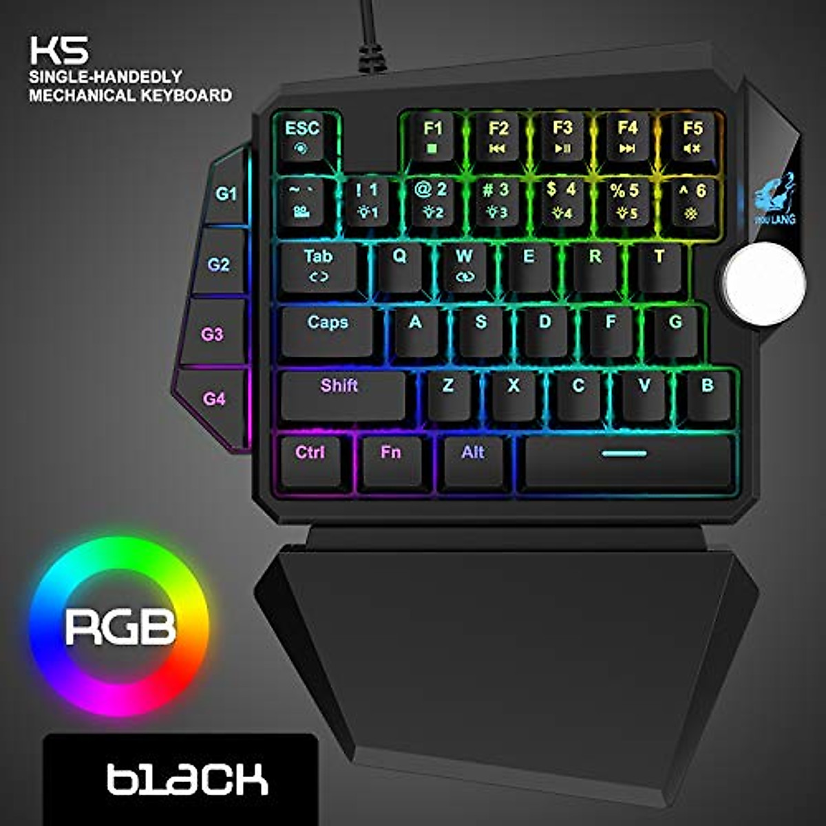 FELICON RGB Gaming Half Keyboard with Detachable Wrist Rest, 39 Programmable Keys Multimedia Knob Professional Rainbow Backlight Mechanical Gaming Keypad Compatible with PC/Xbox/PS4
