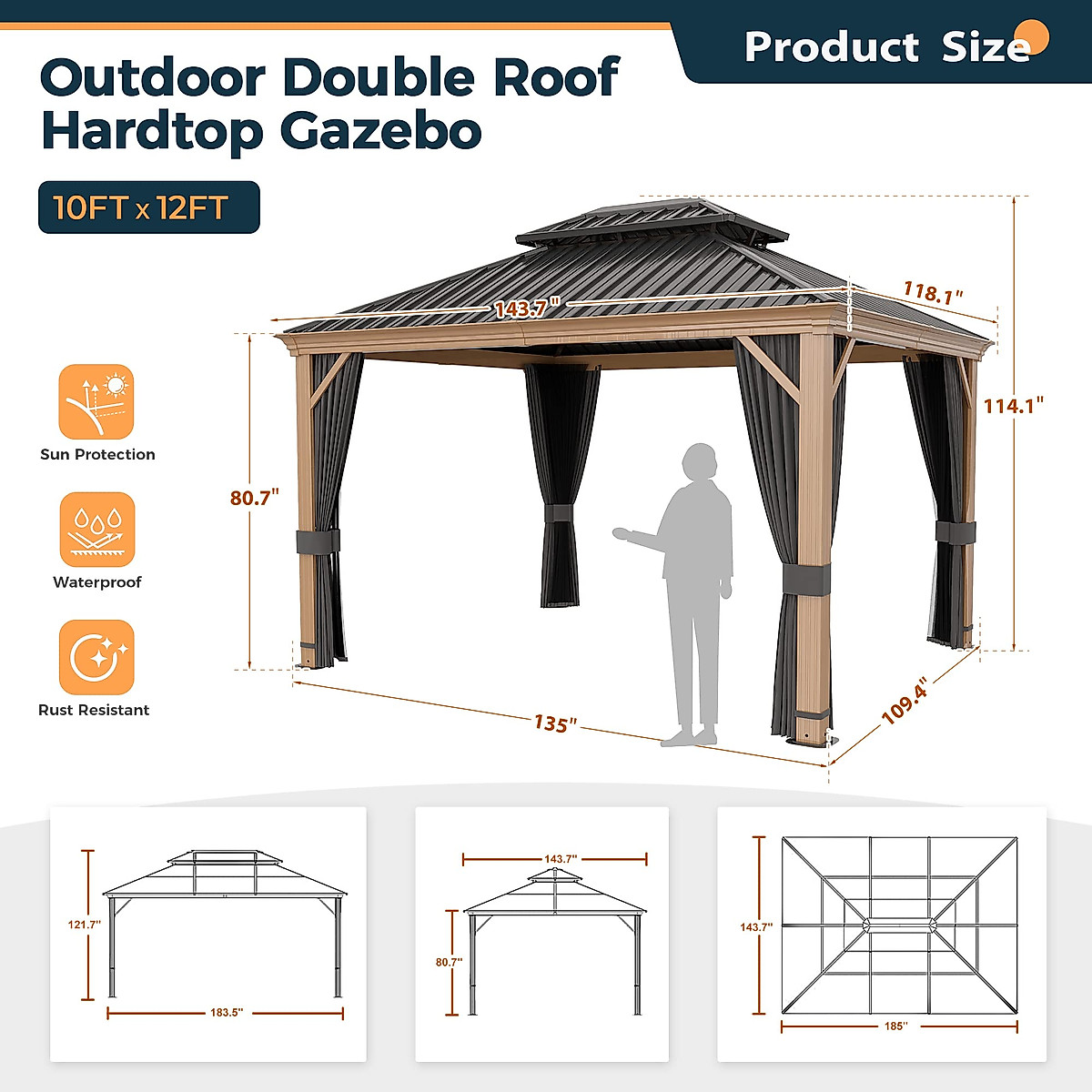 HAPPATIO 10' x 12' Hardtop Gazebo, Outdoor Wood Grain Frame Aluminum Gazebo, Double Roof Permanent Patio Gazebo Canopy with Netting and Curtains for Garden, Patio, Lawns, Parties (Grey)