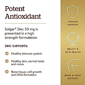 Solgar Zinc 50 mg, 100 Tablets - Zinc for Healthy Skin, Taste & Vision - Immune System & Antioxidant Support - Supports Cell Growth & DNA Formation - Non GMO, Vegan, Gluten Free - 100 Servings