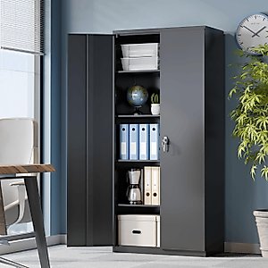 FLEXIMOUNTS Metal Storage Cabinet, 5-Tier Locking Cabinet with 4 Adjustable Shelves and 2 Doors, 71" H, Large-Capacity Cabinet for Garage, Home, Office, Laundry Storage, Black