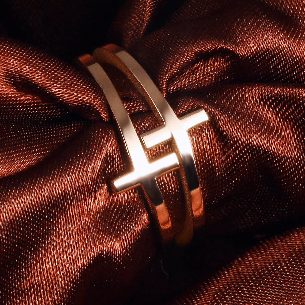 Womens Elegant 18K Rose Gold Stainless Steel Double Cross Ring Christian Fashion Wedding Engagement Band Size 7