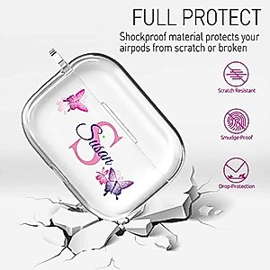 Custom Name & Initial Crystal Clear Airpods Case for Apple AirPod Pro and 3rd Generation，Thin Shockproof Protective Customized Transparent Case（Purple Butterfly）