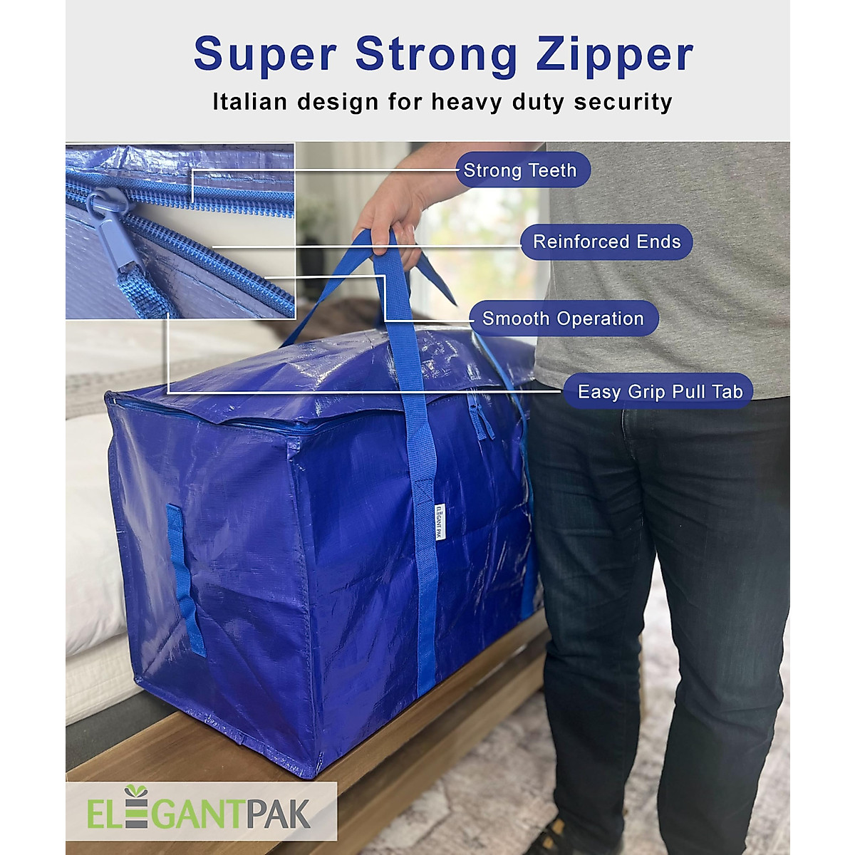 ElegantPak 6 Pack Extra Large Heavy-Duty Moving Bags with Carrying Handles & Zippers, Storage Tote for Space Saving, Folds Flat