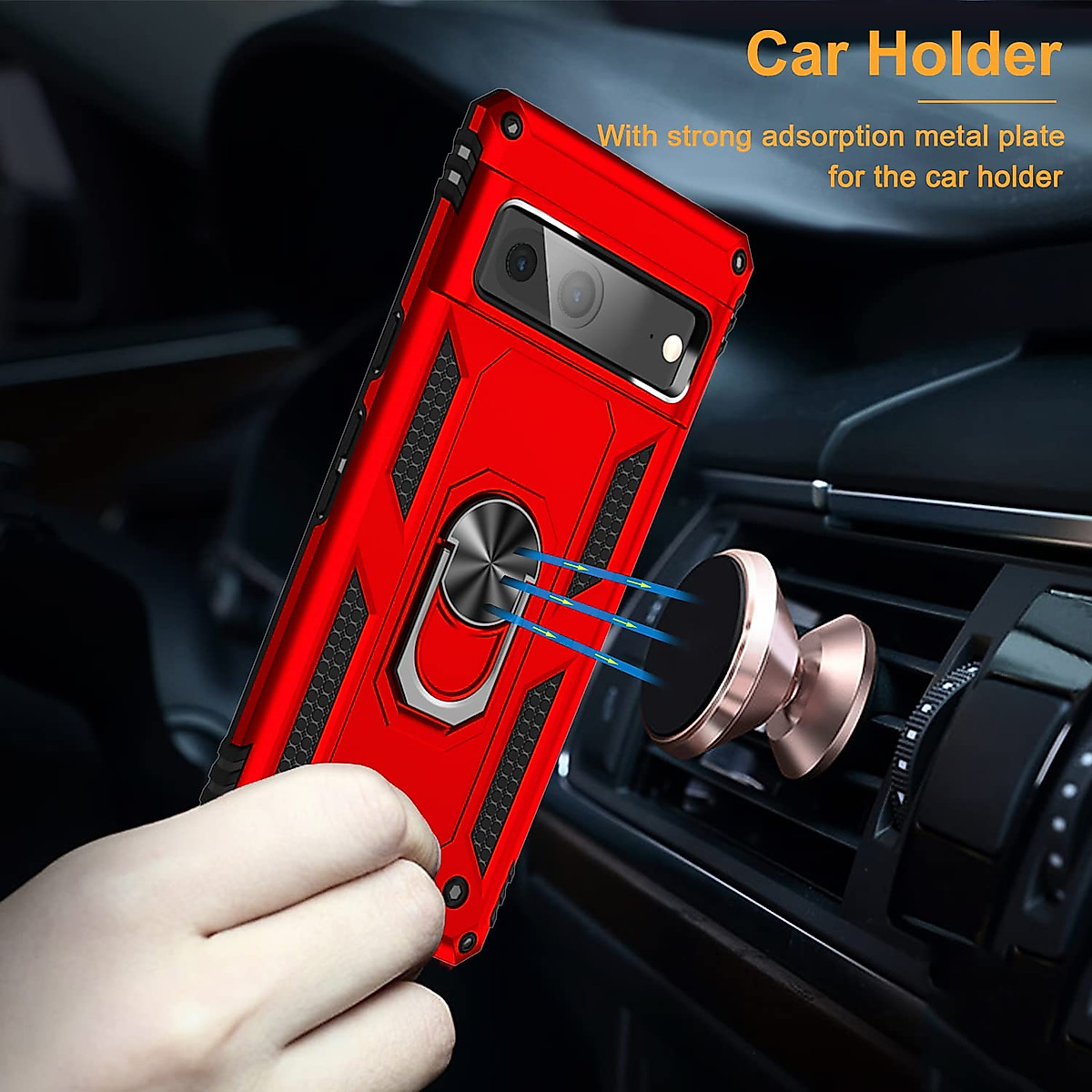 Muntinfe for Google Pixel 7 Case with Tempered Glass Screen Protector [2 Pack], Military-Grade Armor Shockproof Protective Phone Case Cover with Ring Magnetic Kickstand for Pixel 7, Red