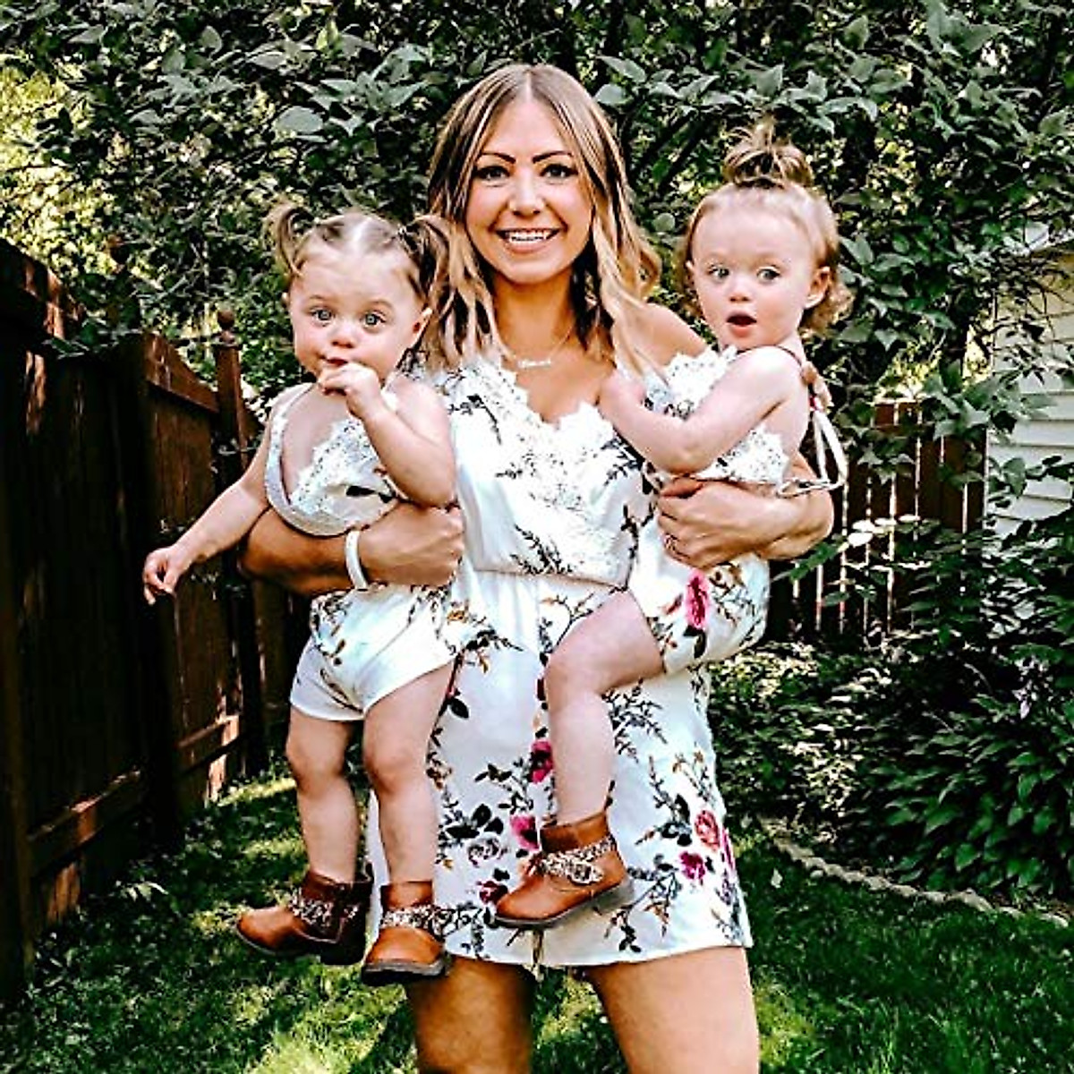 IFFEI Mommy and Me Matching Jumpsuit Outfits Floral Printed V Neck Romper Beachwear White 6-7 Years