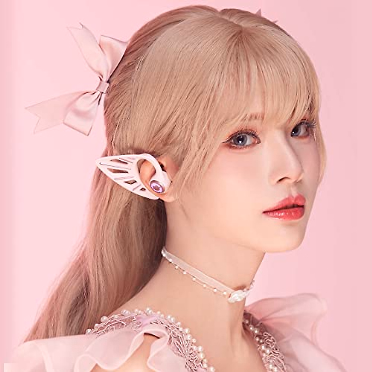 YOWU Elf Ear Headphones, Wireless 5.0 Earphones, 10 Colors RGB Effects with App Control, Dual Microphone Noise Reduction, IPX4 Water Resistant, Elf in-Ear Earbuds with Charging Case, Pink