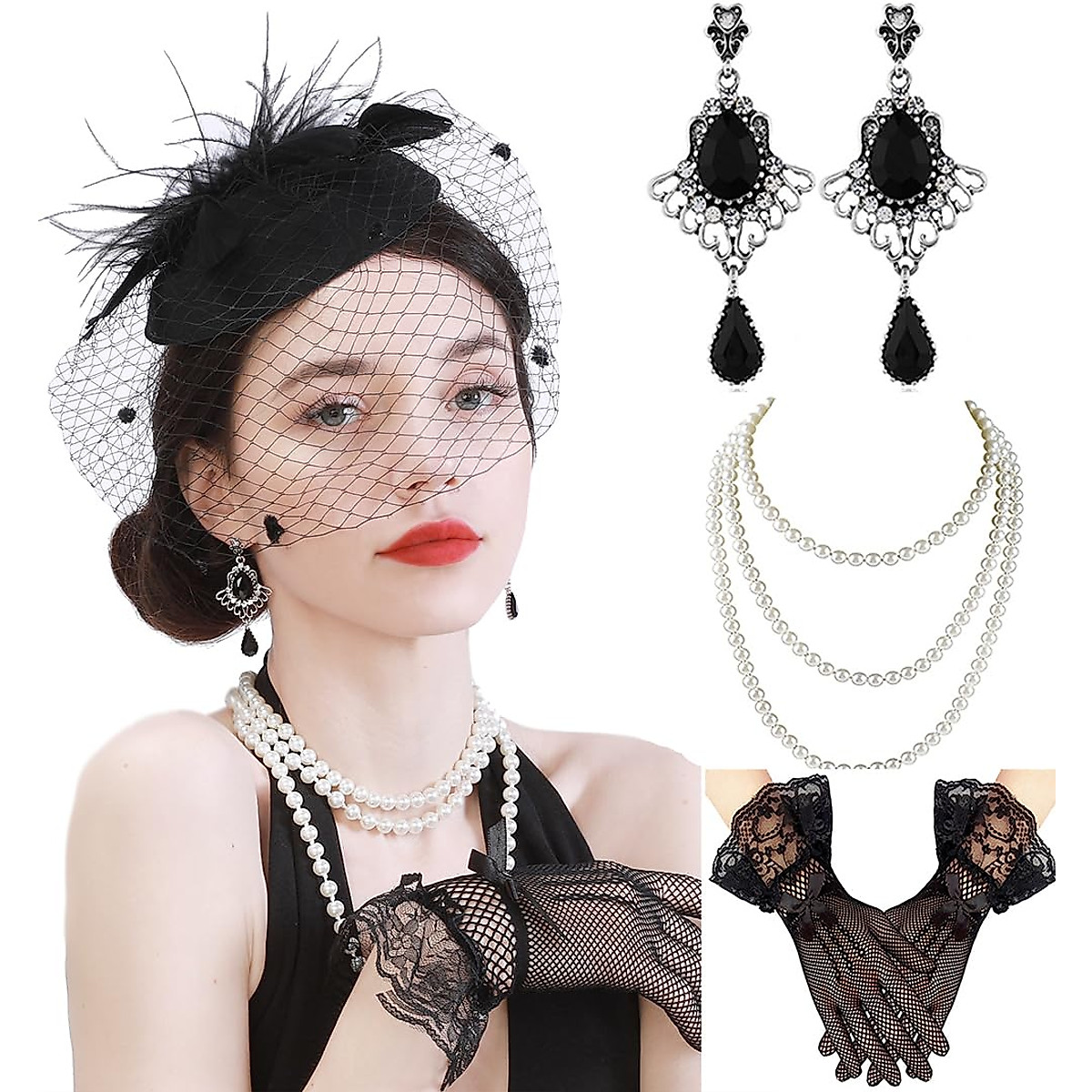 Diwlolido Fascinators Hats Pillbox Hat Cocktail Tea Party Feather Hair Clip Wedding Headwear with Veil for Women and Girls (Feather Black Set)