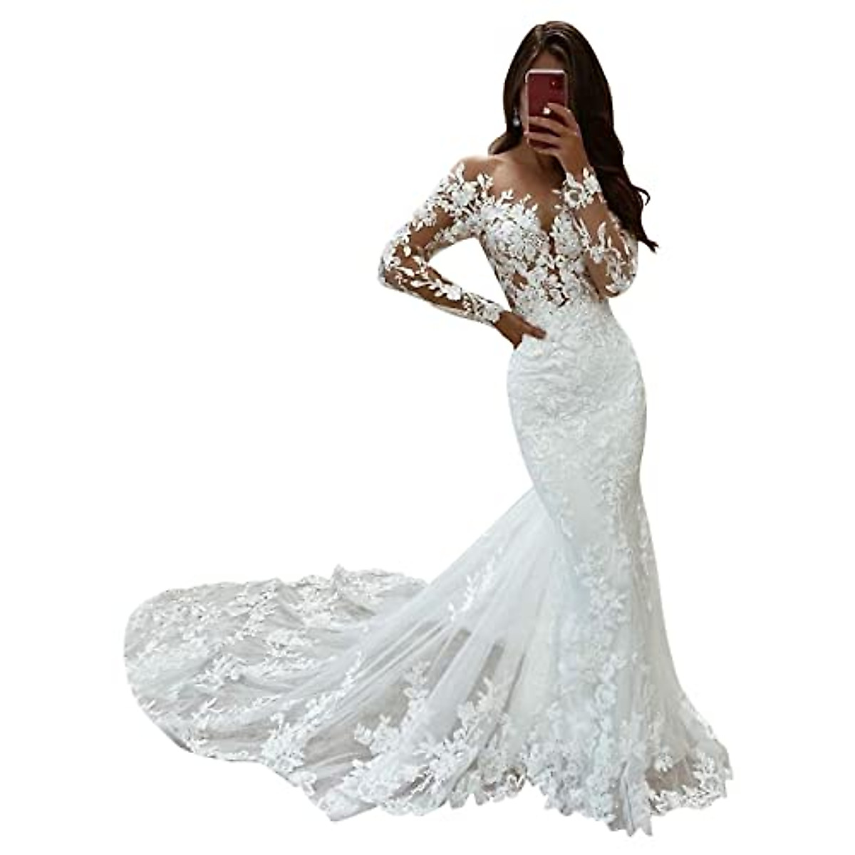 BEAUTFOR Womens Long Sleeve Lace Bohe Wedding Dresses Mermaid Illusion Top Ivory Bridal Gowns for Beach Wedding Party US Size 2