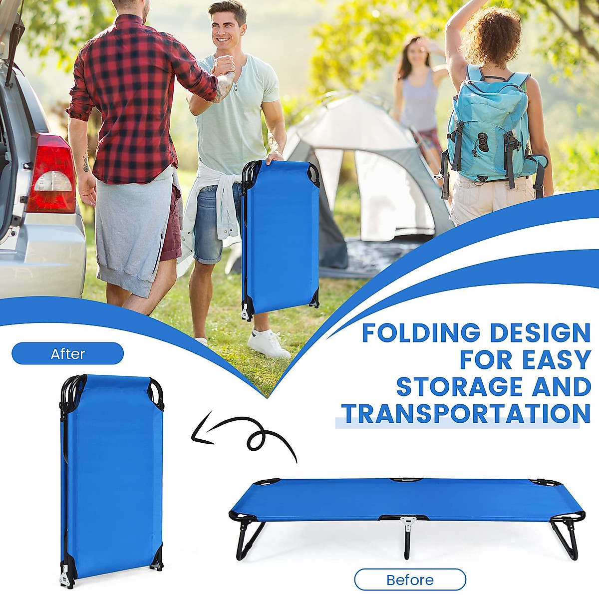 Goplus Folding Camping Cot, Heavy Duty Collapsible Foldable Camping Bed for Adults Kids with Non-Slip Foot Pad, Indoor Outdoor Portable Sleeping Cot for Hiking, Camping, Fishing (Blue)