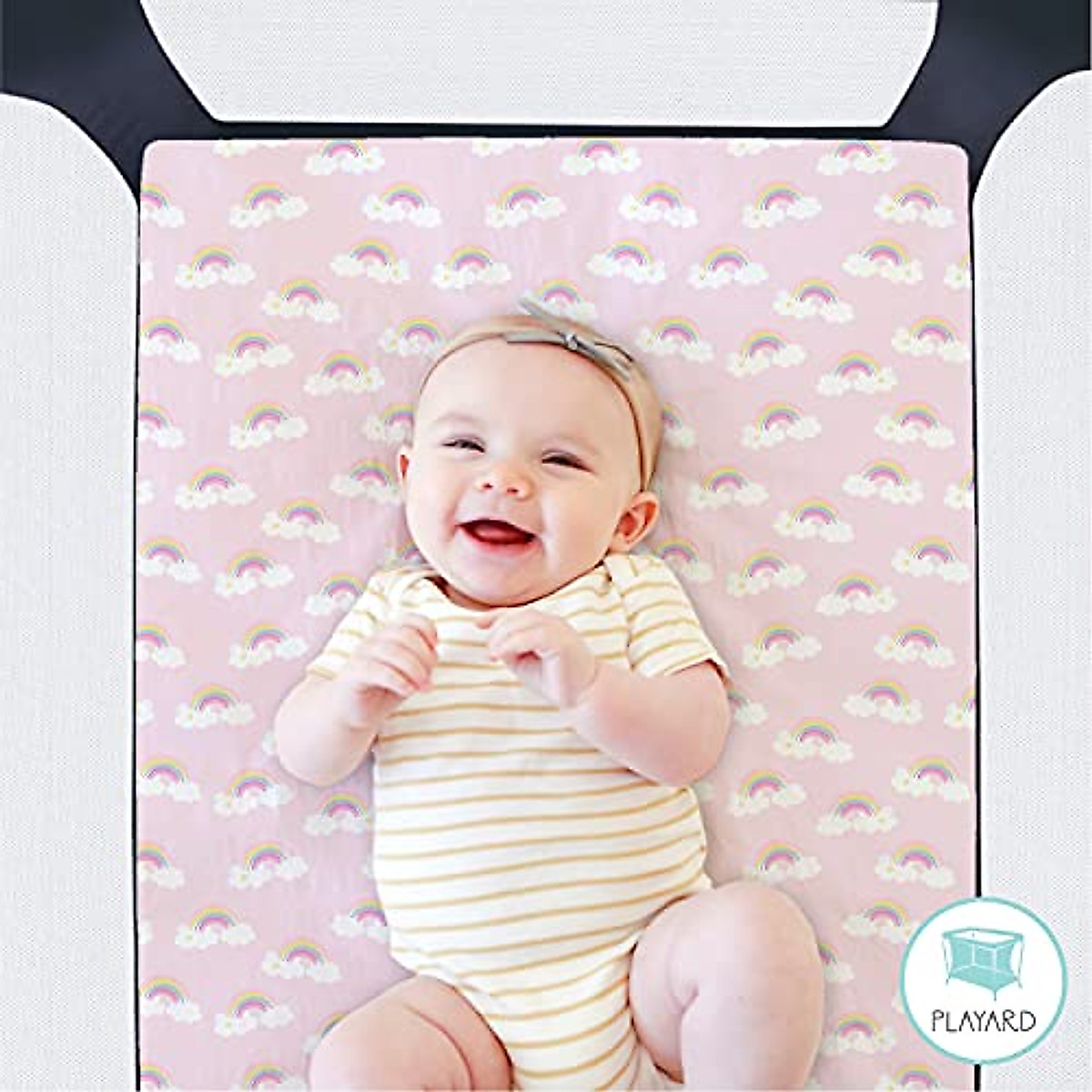 The Peanutshell Mini Crib Sheet Set for Baby Girls - 2 Pack Set for Mini Crib, Pack n Play, Playard - Pink Unicorn & Rainbow