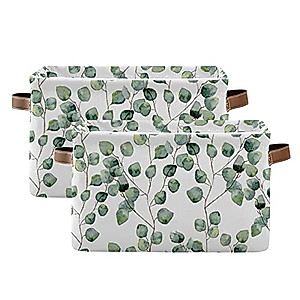 Oyihfvs Watercolor Eucalyptus Round Leaves Branches Seamless Square Shelves Storage Basket Bin, Waterproof Laundry Hamper Bucket, Baby Nursery Organizer with Handles for Toys Clothes Room Closets