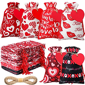 Riakrum 36 Pieces Valentine's Day Gift Bags with Drawstring Heart Bags Linen Party Favor Bag with Heart Mini Wedding Gift Bags with Tags and Rope for Valentine's Day Wedding Bridal Shower