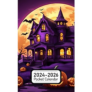 Pocket Calendar 2024-2026: Two-Year Monthly Planner for Purse , 36 Months from January 2024 to December 2026 | Halloween banner design | Haunted pumpkin | Black haunted house | Moon background