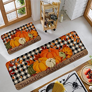 Eikunn Fall Kitchen Rugs and Mats Set of 2,Autumn Pumpkin Kitchen Mat for Floor, Buffalo Plaid Holiday Non-Slip Kitchen Sink Mats Home Decor Doormat+Runner Rug