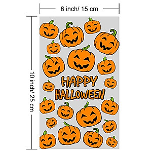 HESTYA 50 Counts 15 x 25 cm Flat Clear Cellophane Treat Bags Block Bottom Pumpkin Halloween Patterned Storage Bags Sweet Bags with 300 Pieces Twist Ties for Halloween Christmas Party Favor(Style D)