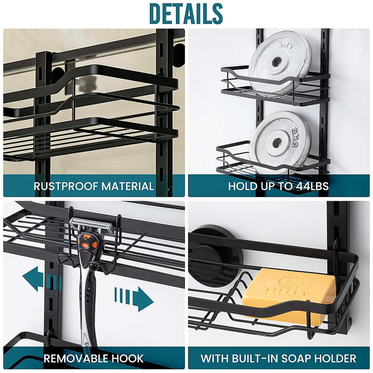 TAILI Hanging Shower Caddy Over The Door Adjustable Hanging Organizer Rack with Hooks, Sturdy Rust Proof Hanging Shower Organizer Shelf Basket Storage Rack, No Drilling