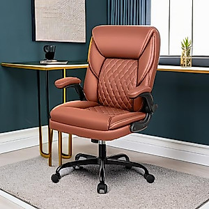BestEra Office Chair, Executive Leather Chair Home Office Desk Chairs, Ergonomic Computer Desk Chair with Adjustable Flip-Up Arms, Lumber Support Swivel Task Chair with Rocking Function (Brown)