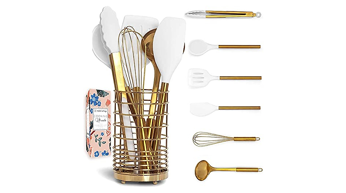 White Silicone & Gold Cooking Utensils Set - Stylish 17-Piece Kitchen Gift