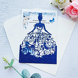 KUCHYNEE 5.12 x7.28 inch 20PCS Royal Blue Glitter Quinceanera Invitations Kit Laser Cut Hollow Girl Princess Pocket with Envelopes Quinceanera Invitations for Quinceanera Bridal Shower Invite