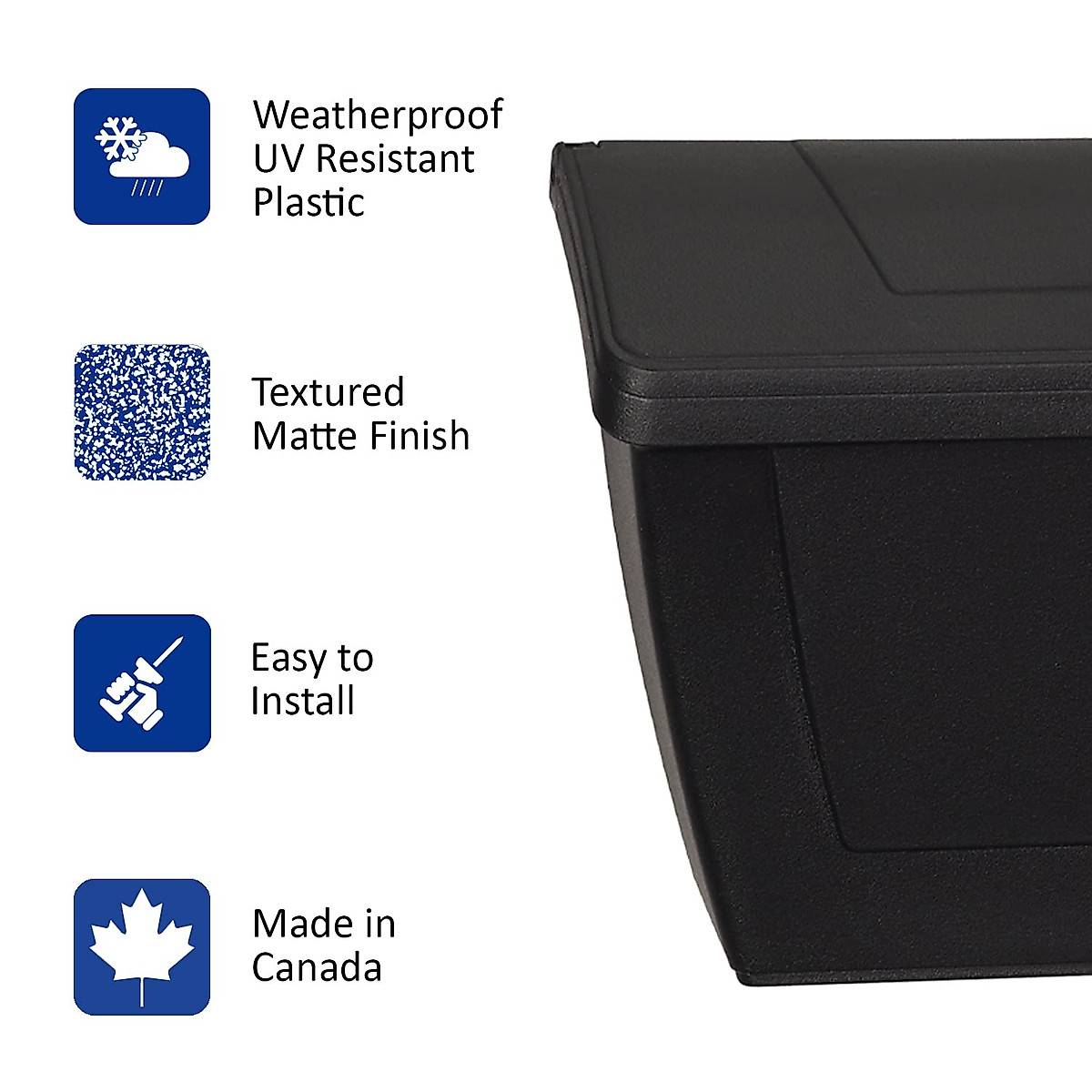 Small Plastic Mailbox for Outside Porch, Easy to Install Wall Mount, Lightweight, Heavy Duty, Rustproof, Maintenance-Free Horizontal Mail Box for House - Made in Canada - 15.5” x 4” x 6.25” (Black)