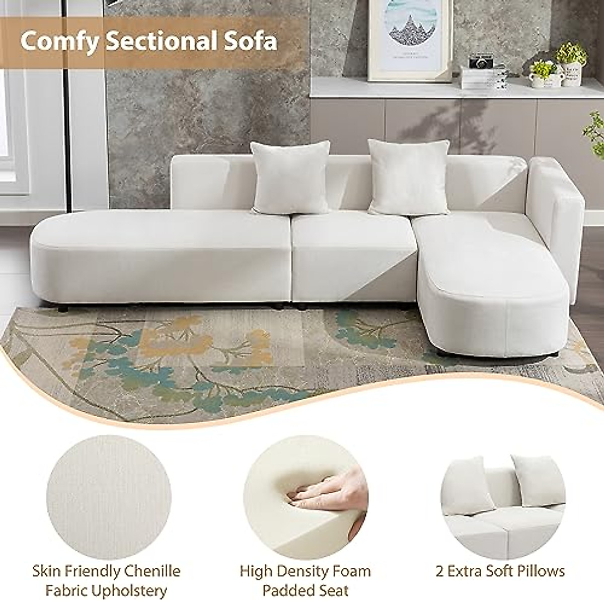 Tmsan 110.2" Sectional Sofa Couch for Living Room, Modern Chenille Upholstered Sofa L Shaped 4 Seater Modular Sectional Couch with Chaise & 2 Pillows for Bedroom Office Apartment (Beige)