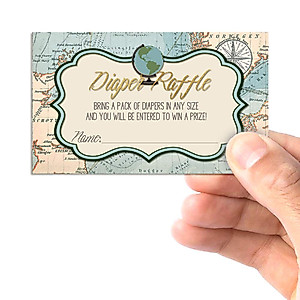 Adventure Awaits World Traveler Gender Neutral Diaper Raffle Tickets for Baby Showers, 20 2" X 3” Double Sided Inserts, Bring a Pack of Diapers to Win Favors & Prizes!
