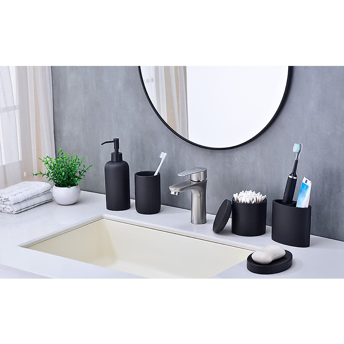 Rzoeox Bathroom Accessories Set Matte Black 5 Pcs, Resin Bathroom Sets Accessories Modern with Soap Dispenser, Cotton Swab Canister, Toothbrush Holder, Toothbrush Cup,Soap Dish (Matte Black)