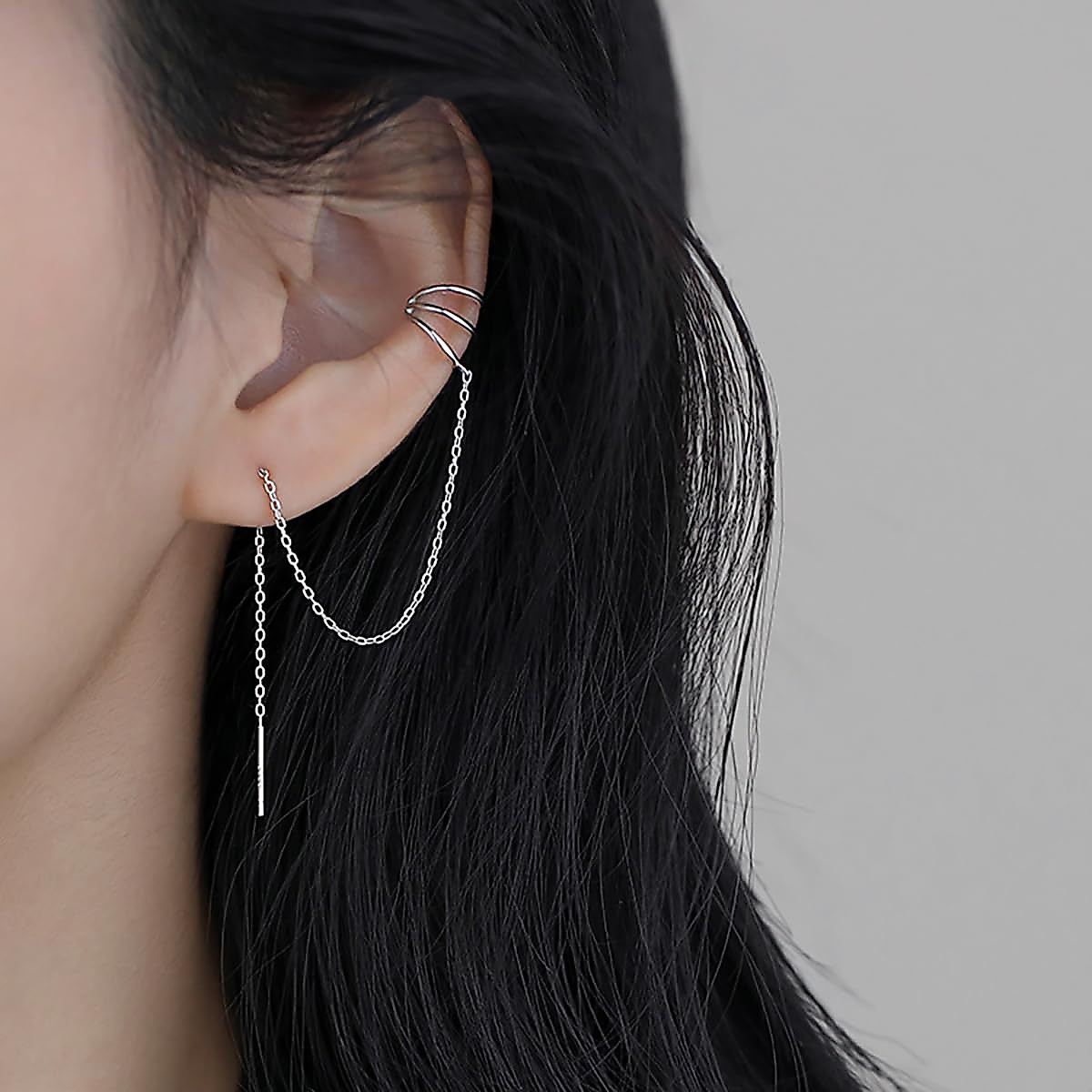 SLUYNZ 925 Sterling Silver Ear Cuff Earrings Chain for Women Crawler Earrings Wrap Helix Climber Earrings (A-Silver)