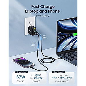 65W USB C Charger, AOHI 2 Ports 67W USB C GaN Charger Power Adapter, PPS Foldable Compact PD Fast Wall Charger with 4ft USB-C Display Cable for MacBook Pro/Air, iPhone 14, iPad Pro,Galaxy, Steam Deck