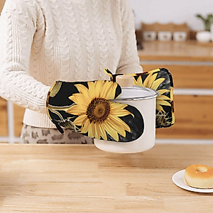 Sunflower Printed Oven Mitts and Pot Holders Sets Heat Resistant Kitchen Oven Gloves Potholders Set Extra Long Non-Slip Silicone Gloves for Cooking Baking BBQ